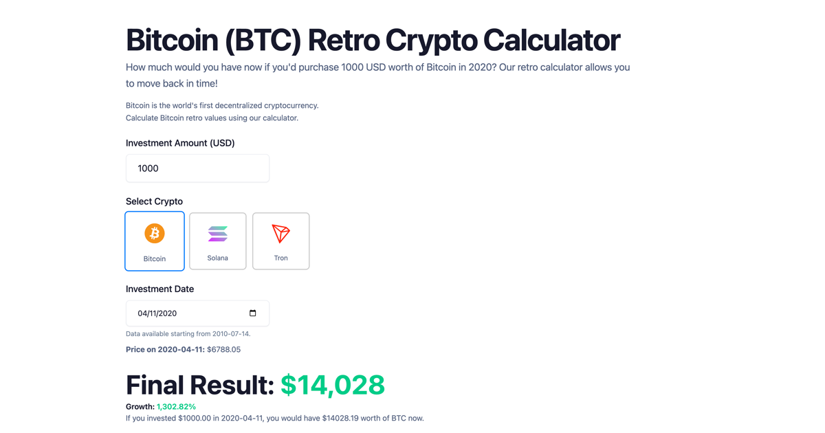 Retro calculator on Crypto yield for Bitcoin