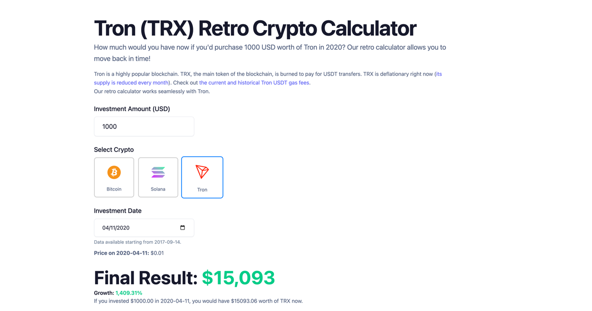 Retro calculator on Crypto yield for Tron
